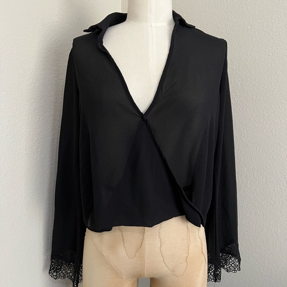 Tops | Black Sheer Low Plunge Top With Collar And Lacy Details On Arms ...